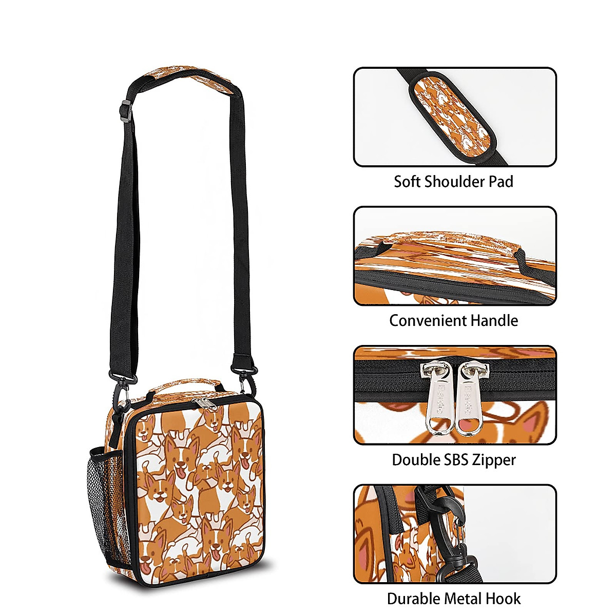 Kids Lunch Box, Corgi Dog Pattern Insulated Lunch Bag Tote for Girls Boys, Freezable Cooler Bag with Shoulder Strap, Waterproof Meal Prep Lunch Container for School/Travel/Picnic