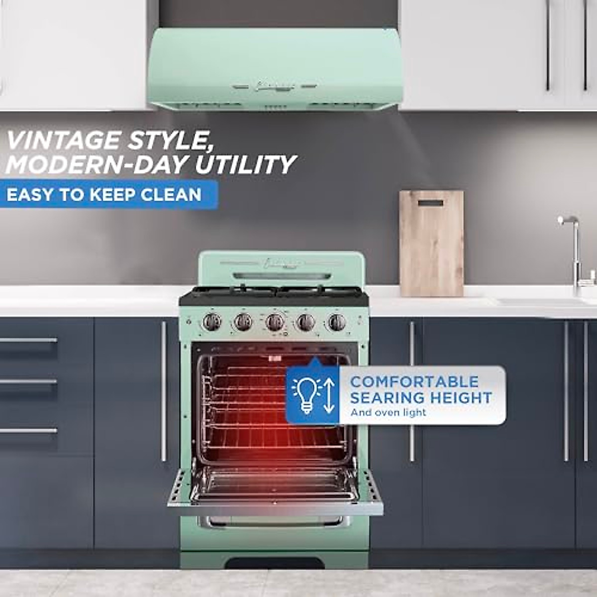 Unique Appliances UGP-24CR LG Classic Retro Freestanding Gas Convection Oven Light, Range with 4 Burners, 24", Summer Mint Green