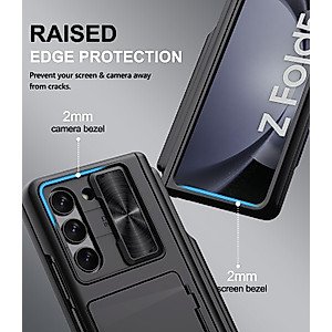 SIXBOX for Samsung Galaxy Z Fold 5 Case with Card Holder & S Pen Holder & Slide Lens Cover, Built-in Hinge Protection & Screen Protector, Durable Sturdy Phone Cover Case for Galaxy Z Fold 5, Black