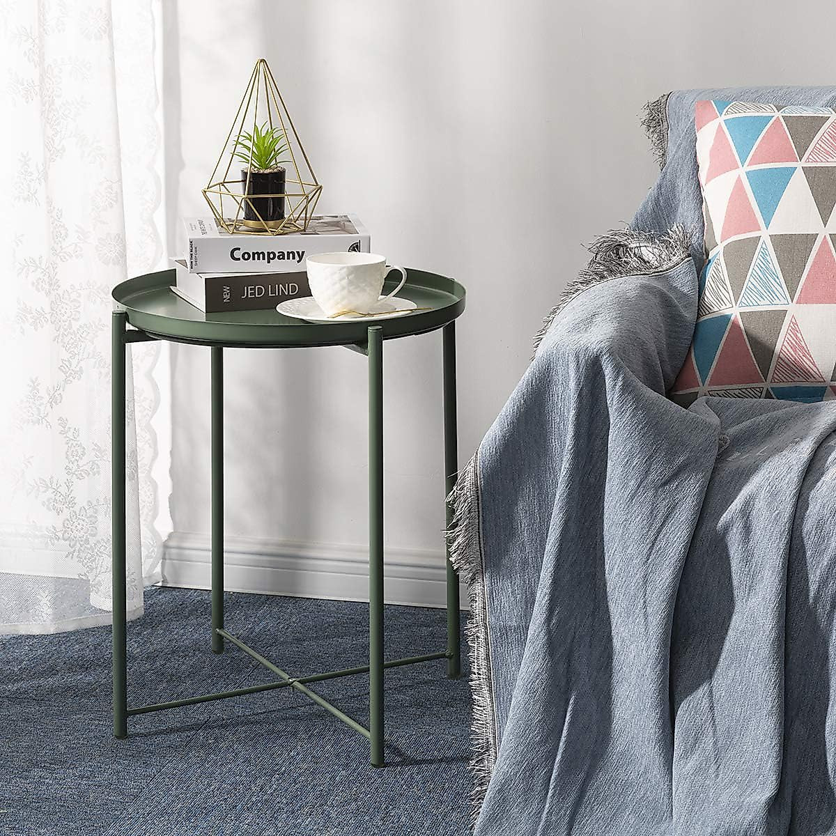 danpinera Side Table, End Table for Small Spaces Accent Metal Bedside Table Round Small End Table, Outdoor Side Table Accent Patio Side Table Anti-Rust and Waterproof Dark Green