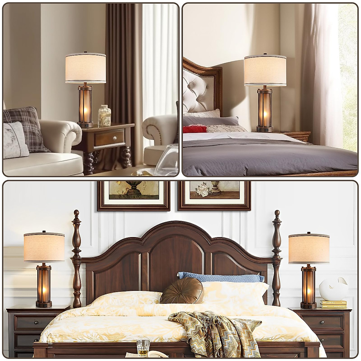 RORIA Set of 2 Farmhouse Table Lamps for Living Room with 2 USB Ports, Vintage Rustic Nightstand Lamps with Amber Glass Nightlight, Retro Desk Lamps for Bedroom Entryway, 4 Bulbs Included (Brown)