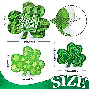 Whaline 3Pcs St. Patrick's Day Wooden Signs Green Plaid Shamrock Table Ornament Lucky Clover Double-Side Print Table Centerpieces Irish Holiday Table Centerpieces for Home Fireplace Tiered Tray Decor