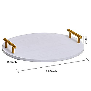 Defined Deco Round Wood Tray,Decorative Tray and Round Serving Tray, 11.6" Round Tray with Gold Metal Handles, Decorative Trays for Home Decor,Coffee Table and Ottoman, Farmhouse Serving Tray, White