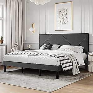 SHA CERLIN King Size Upholstered Bed Frame with Geometric Headboard, Heavy-Duty Platform Bed Frame with Wood Slats Support, Mattress Foundation, No Box Spring Needed, Easy Assembly, Dark Grey
