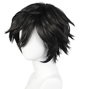 IMEYLE Short Black Wig Short Black Cosplay Wig for Men Straight Wig Synthetic Wig for Anime Halloween Costume Party + Wig Cap