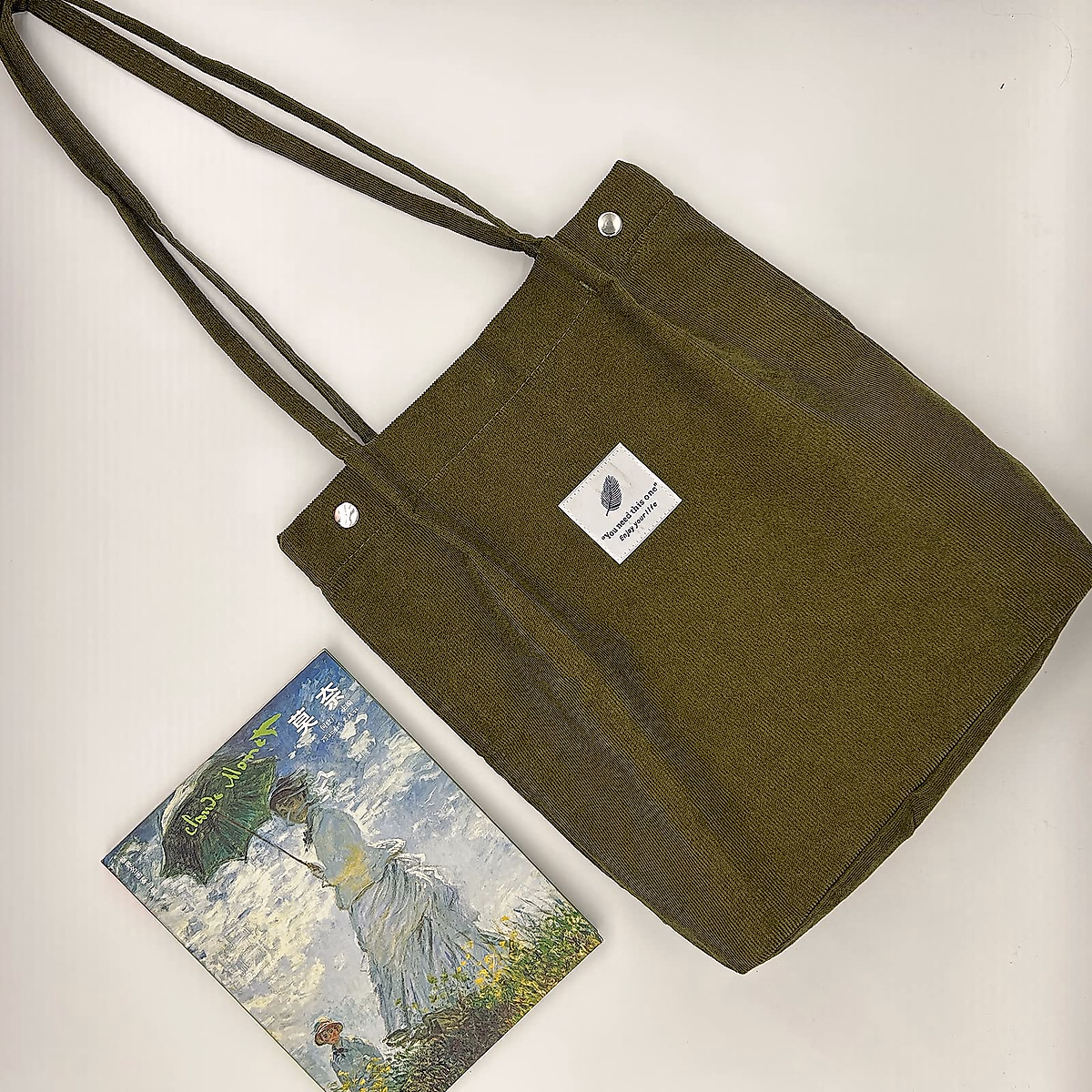 GODWOODS Fashion Tote Bag for Women Corduroy Shoulder Cord Purse with Inner Pocket (Army Green)