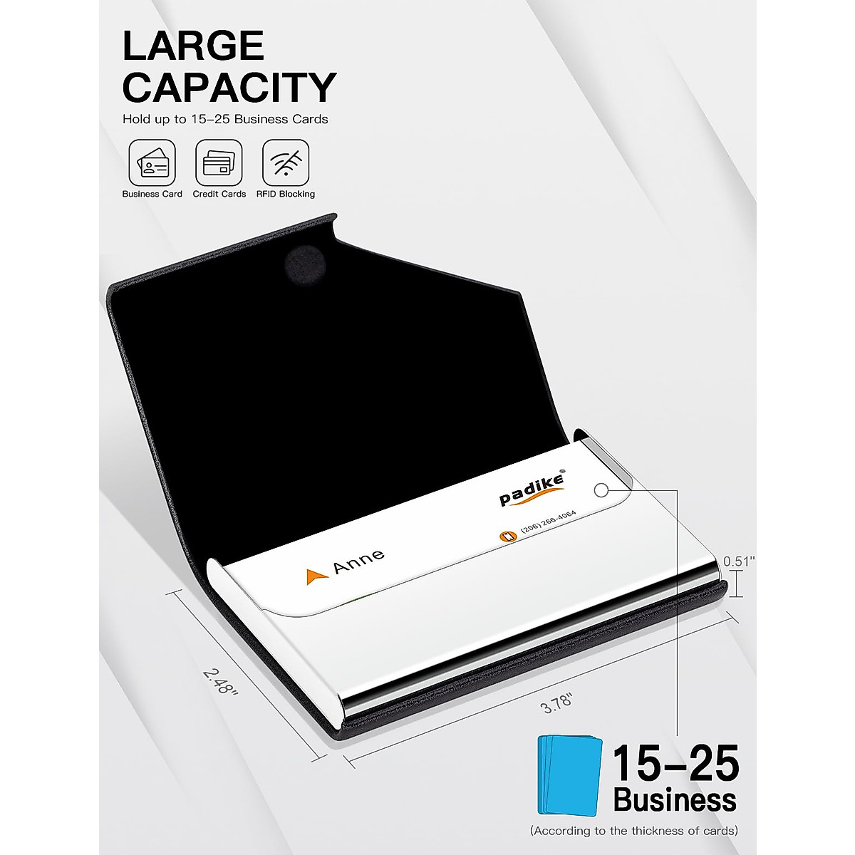 Padike Business Card Holder, Upgraded Leather Business Card Case Pocket Card Holders for Men or Women, Metal Slim Name Card Holder RFID Blocking Business Card Carrier with Magnetic Closure(Black)