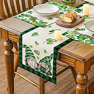 Artoid Mode Buffalo Plaid Gnomes Green Heart Shamrock St. Patrick's Day Table Runner, Seasonal Spring Holiday Kitchen Dining Table Decoration for Indoor Outdoor Home Party Decor 13 x 72 Inch