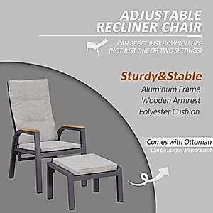 PURPLE LEAF Outdoor Reclining Chair Adjustable Outdoor Recliner with Cushions and Ottoman, Patio Recliner Aluminum Frame Patio Lounge Chair