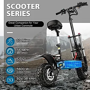 T88 Electric Scooter Adults, 5600W Dual Motor 60V38.5Ah Battery Max 50 MPH & 60Miles Long Range, Dual Oil Disc Braking & Dual Hydraulic Shock Absorption, Dual Charger and 11'' Vacuum Off-Road Tires