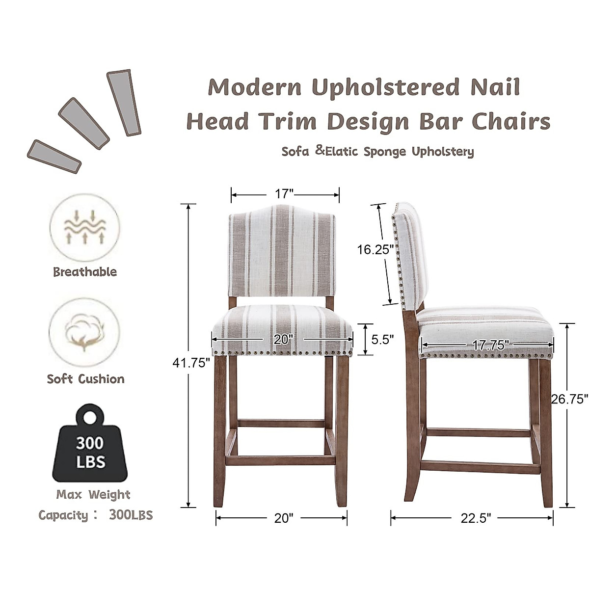 CIMOTA Counter Height Bar Stools Set of 2 Farmhouse Bar Chairs Mid Century Counter Stools Barstools with Back Kitchen Stools with Wood Legs for Island/Dining Room, Linen Beige Brown Stripe, 26 Inch