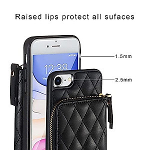 LAMEEKU Wallet Case Compatible with iPhone iPhone SE 2022 5G, iPhone 8 Case Wallet iPhone 7 Quilted Leather Card Holder with Crossbody Strap Wirstlet Shockproof Case for iPhone 8/7/SE 4.7"-Black