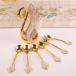 GLOGLOW Swan Base Holder, Innovative Gold Smoother Edges Swan Base Holder Coffee Dinnerware Set with Forks Spoons for Bistros Bars Amily (Golden White Spoons)