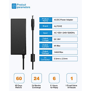 ALITOVE 36V Power Supply 4A 144W AC/DC Adapter 100~240V AC to DC 36 Volt 4 Amp Converter 36 vdc 4A 3.5A 3A 2A Transformer with 5.5mmx 2.5mm Plug for LED Lights Inkjet Printer Laser Engraver