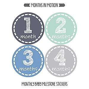 Months in Motion Baby Monthly Stickers - Baby Milestone Stickers - Newborn Boy Stickers - Month Stickers for Baby Boy - Baby Boy Stickers - Newborn Monthly Milestone Stickers (20 Count)