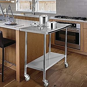 STABLEINK Stainless Steel Table with Caster Wheels 36 x 24 Inches, NSF Commercial Prep & Work Table with Adjustable Undershelf and Table Foot, for Commercial Kitchen, Restaurant, Hotel and Garage