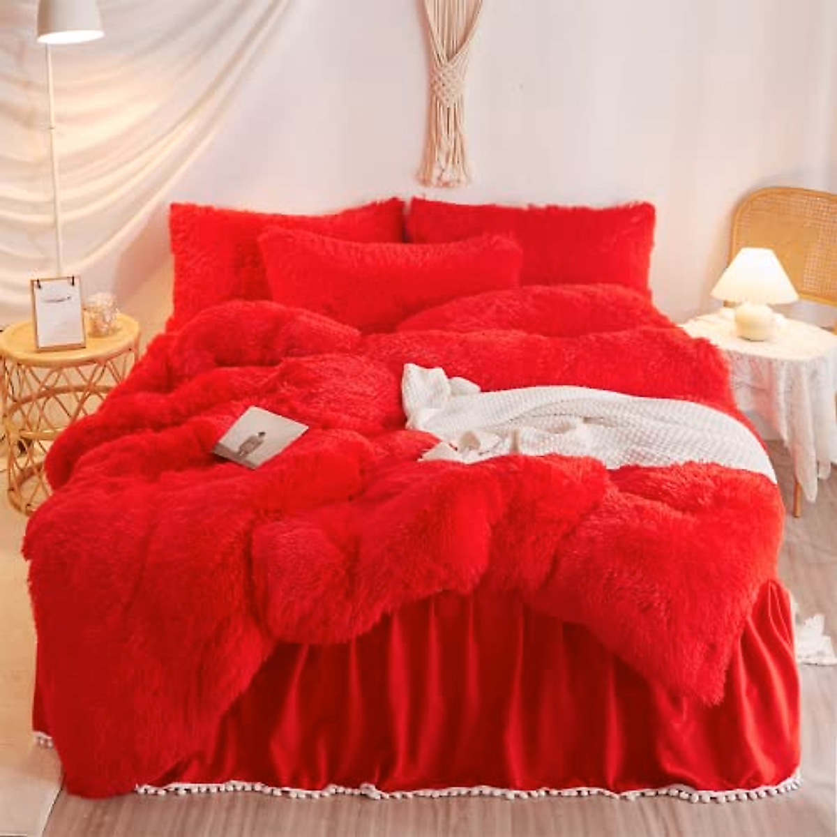 HAIHUA Fluffy red Comforter Cover Set Queen，Faux Fur red Bedding 3 Pieces(1 Plush Queen Duvet Cover +2 Faux Fur Pillowcases) Faux Fur red Bed Set (red, Queen)