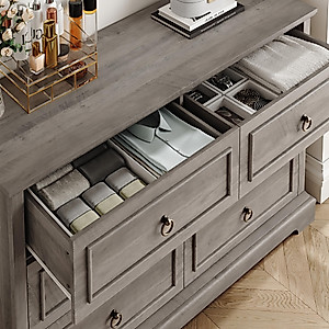 HOSTACK 6 Drawer Double Dresser, Modern Farmhouse Chest of Drawers, Wide Dressers Organizer, Accent Wood Storage Cabinet for Living Room, Hallway, Ash Grey