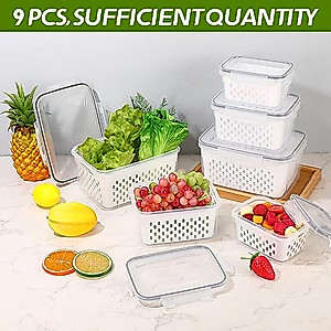 Mumufy 9 Pack Fruit Vegetable Storage Containers for Refrigerator Produce Saver Storage Container with Lid and Colander Fresh Plastic Keeper Containers for Lettuce Berry Food Storage Organization Set
