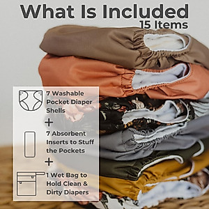 Harlow Baby Cloth Pocket Diapers 7 Pack, 7 Bamboo Inserts, 1 Wet Bag by Nora's Nursery