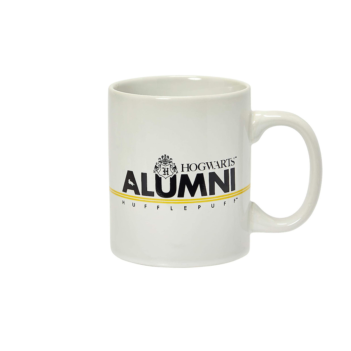 Harry Potter Hufflepuff Alumni 11-Oz Mug - White Ceramic Cup With Handle - Hogwarts Crest & House Yellow Stripe With Black Lettering - From Rowling's Wizarding World