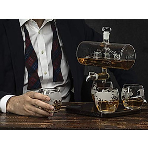 Whiskey & Wine Decanter Gifts for Men & Dad, Ship Decanter 1000ml, Set with 4 Globe Drinking Glasses - Cool Liquor Dispenser for Home Bar Unique Birthday Gift Ideas from Wife, Daughter, Son Present