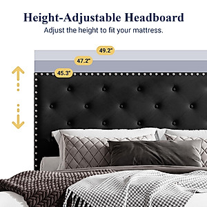 Allewie Full Size Velvet Upholstered Platform Bed Frame with Adjustable Diamond Button Tufted and Nailhead Trim Headboard, Wood Slat Support, Easy Assembly, No Box Spring Needed, Black