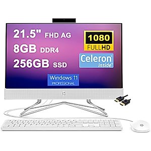 HP 22 All-in-One Desktop | 21.5" Diagonal FHD VA Anti-Glare (72% NTSC) | Intel Celeron J4025 Processor | 8GB DDR4 256GB SSD | Intel UHD Graphic 600 | Privacy Camera Win11Pro White + HDMI Cable