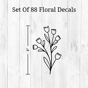 Small Black Flowers Peel and Stick Wall Decals - Set of 88 Flower Wall Stickers - 1"-4" Flower Wall Decor Floral Wall Decals