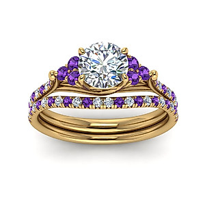 CaratYogi Round Cut Petite Cathedral Wedding Ring Set Yellow Gold Plated Natural Amethyst Round Shape Purple Color Wedding Ring Sets Prong Setting in Size 9 Casual Wear for Gift
