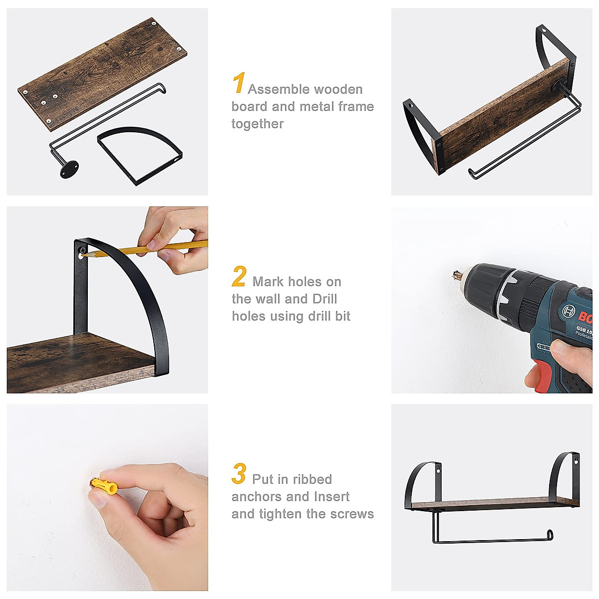 BTY Paper Towel Holder with Shelf, Vintage Farmhouse Wall Mounted Paper Towel Holder Under Cabinet Spice Rack for Kitchen, Bathroom Toilet Paper Dispenser - Rustic Brown