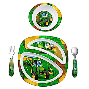 The First Years John Deere's Johnny Tractor and Friends Dinnerware Set - Toddler Plates and Bowls Set - Includes Toddler Plate, Toddler Bowl, Toddler Fork and Toddler Spoon - 4 Count