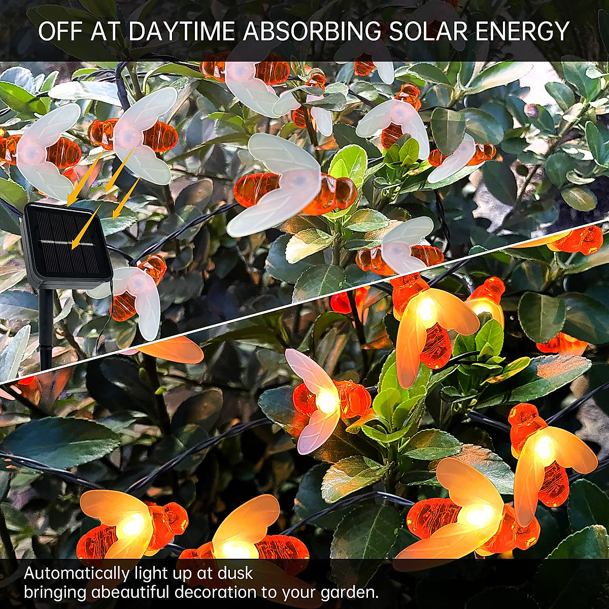 Ovker Solar String Lights 50LED Outdoor Waterproof Simulation Honey Bees Decor for Garden Christmas Decorations Warm White