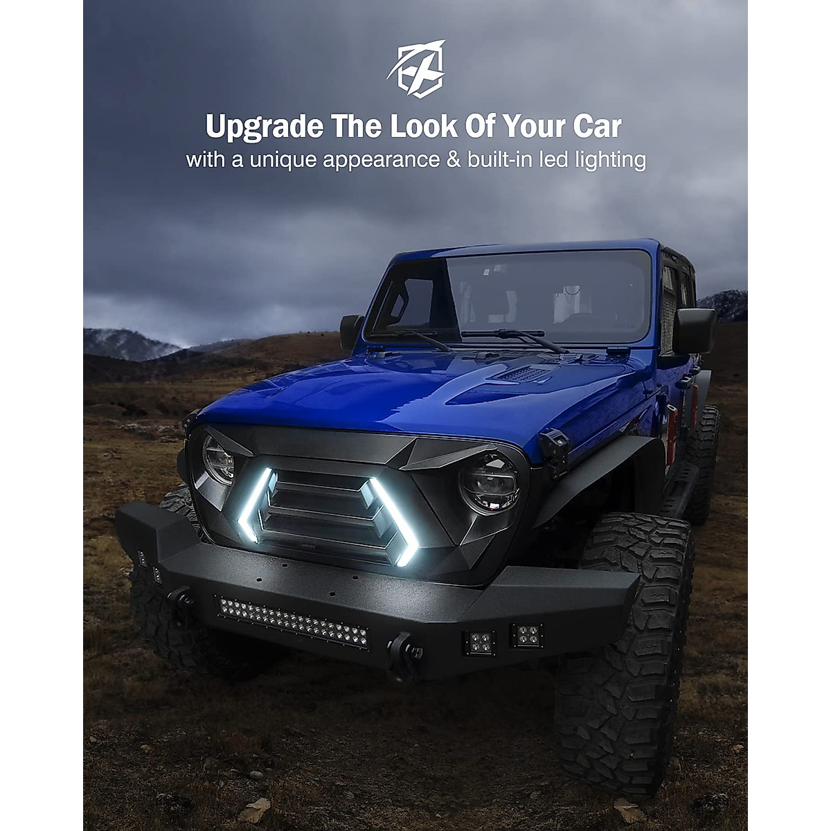 Xprite Front Grille with Turn Signals and Daytime Running Light, Matte Black Grille Compatible with 2018-2024 Jeep Wrangler JL JLU & 2020+ Gladiator JT