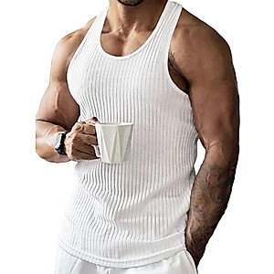 COZYEASE Men's Rib Knit Round Neck Sleeveless Solid Tank Top Bodycon Casual Plain Undershirts Top White M