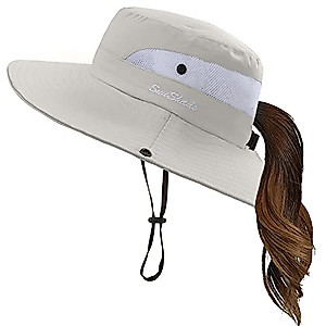Women's Sun Hat with Ponytail-Hole Fishing Hat Beach Hat UV Protection Foldable Hat for Outdoor Yard Work Mesh Wide Brim Bucket Hat (Beige)