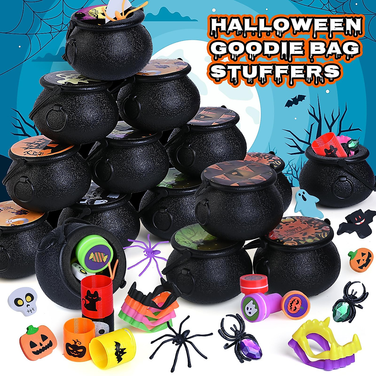 ShyLizard Halloween Party Favors Bulk for Kids, 24 Pack Prefilled Witch Cauldrons with Halloween Toys for Halloween Party Supplies, Halloween Goodie Bag Fillers, Halloween Miniatures Novelty Toys