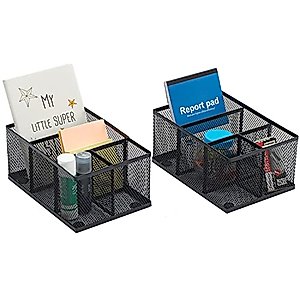 MyGift Modern Black Metal Mesh Desk Office Supplies Organizer Caddy with 4 Storage Compartments, Set of 2