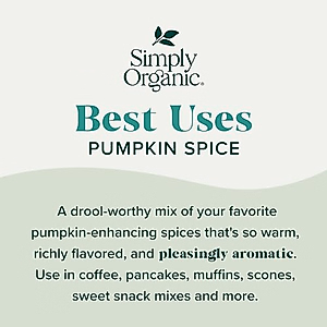 Simply Organic Pumpkin Spice, 1.94-Ounce Jar, Organic Nutmeg, Cloves, Ginger & Cinnamon, Enhances Tea, Seasoning, Kosher