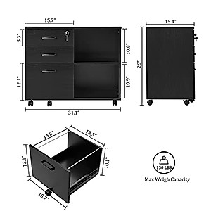 Wood File Cabinet, 3 Drawer Mobile Lateral Filing Cabinet On Wheels, Printer Stand with Open Storage Shelves for Home Office(Black)