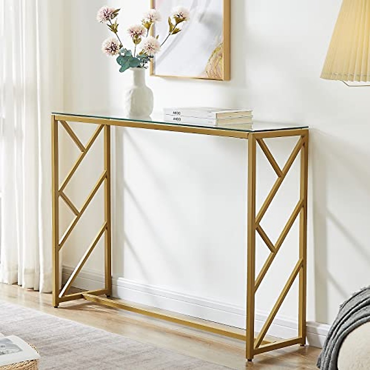 Console Table,Narrow Sofa Table,Glass Console Table Mirrored Console Table Entryway Hallway Table with Golden Metal Frame and Adjustable Feet,Entrance Table for Living Room,Foyer 41.7x11.8x30.7 inch