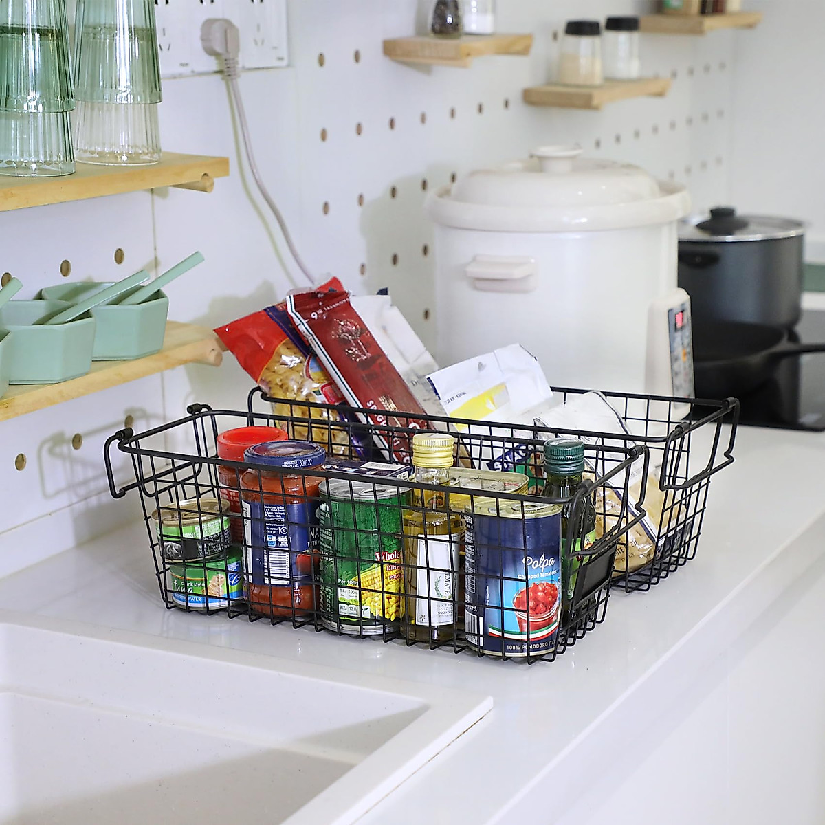 4 Pack [ XL Large ] STACKABLE Wire Baskets for Organizing - Pantry Storage and Organization Metal Bins for Produce, Food, Fruit - Kitchen Bathroom Closet Cabinet, Countertop, Under Sink Organizer