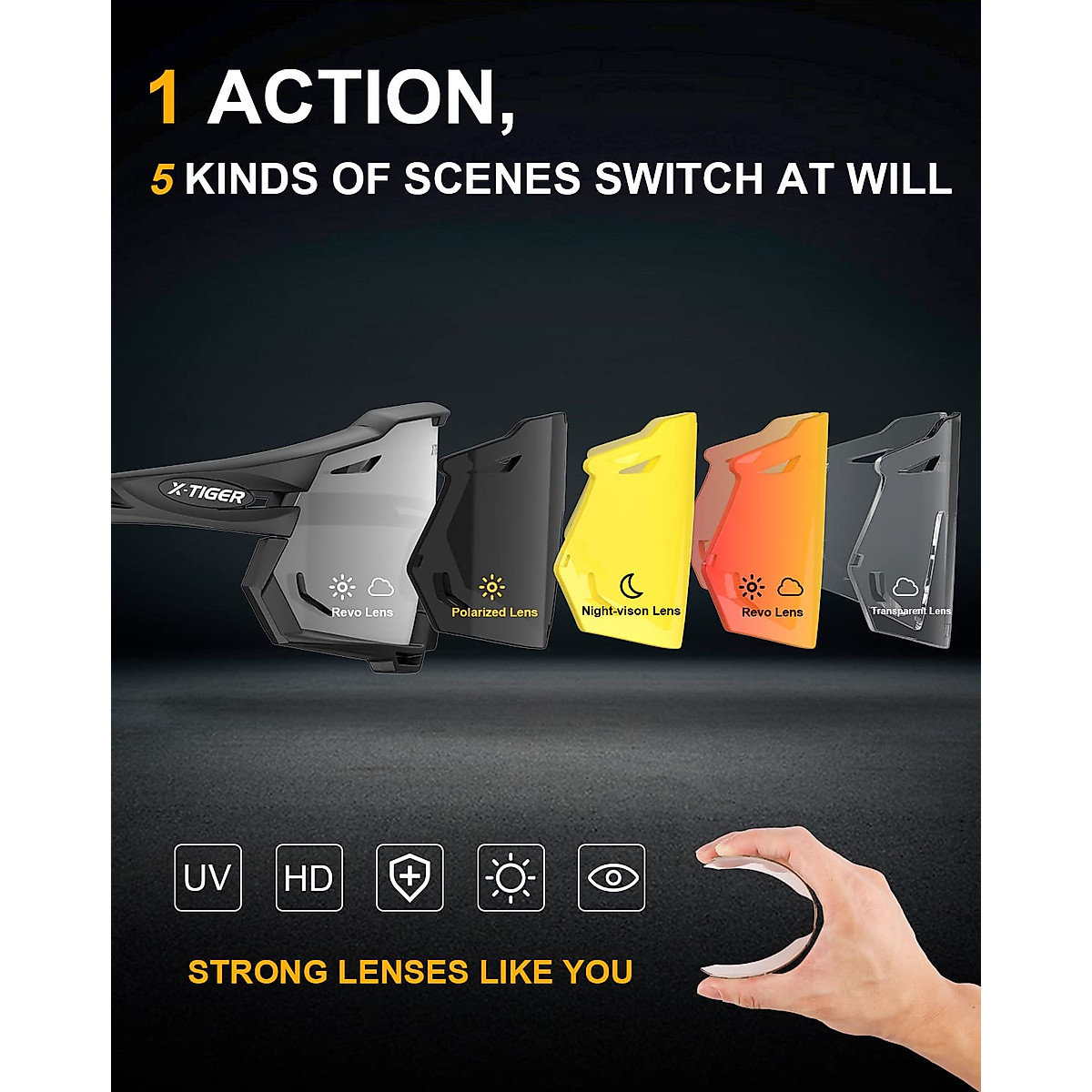 X-TIGER Polarized Cycling Glasses with 5 Interchangeable Lenses,MTB Biking Baseball Running Sports Sunglasses for Men Women