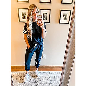 PRETTYGARDEN Women’s Summer Two Piece Outfits Striped Short Sleeve Pullover and Long Pants Tracksuit Pajama Lounge Jogging Set With Pockets (Black, Large)