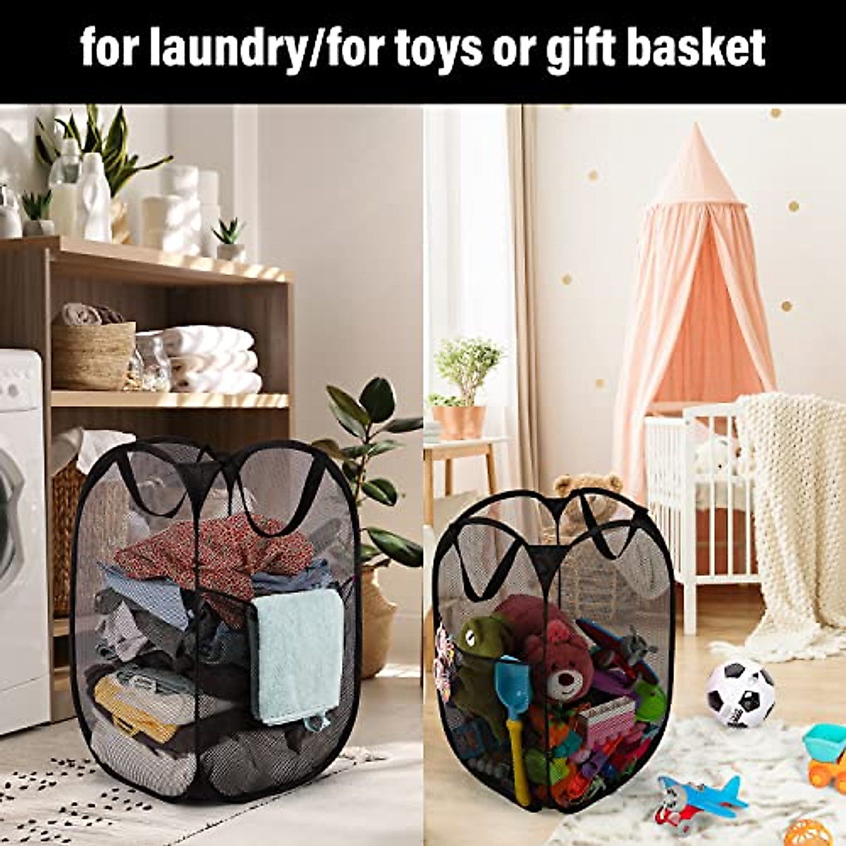 2 Pack Deluxe Strong Mesh Pop Up Laundry Hamper Basket with Side Pocket Durable Handles for Laundry, Bedroom, Bathroom, Kids Room, Dorm, Travel