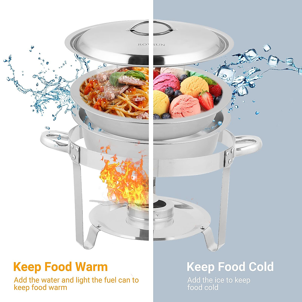 ROVSUN 5 Qt 4 Pack Chafing Dish Buffet Set,NSF Stainless Steel Round Chafers for Catering, Buffet Servers and Warmers Set with Lid Holder & Drip Tray for Wedding Party Banquet Graduation