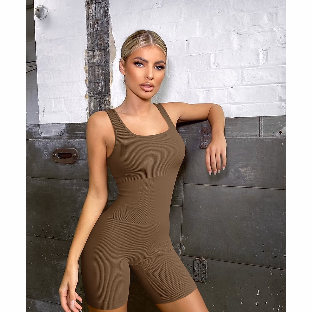 OQQ Women's Yoga Rompers Ribbed One Piece Sleeveless Tank Tops Exercise Romper Coffee