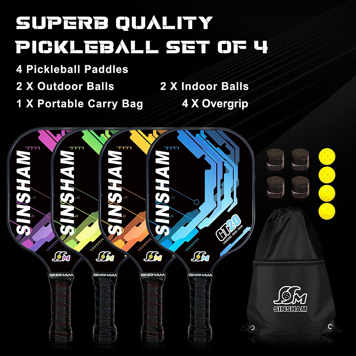 SINSHAM Pickleball Paddles Set of 4-Graphite Pickleball Rackets Set Includes 4 Pickleball Paddles&4 Pickleball Ballsp&1 Portable Drawstring Bag