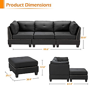 Esright 88.6” Convertible Sectional Sofa Couch with Ottoman, Modern Tufted Linen Fabric L-Shaped Couch with Reversible Chaise, Suitable for Office,Living Room and Hotel Lobby, Black