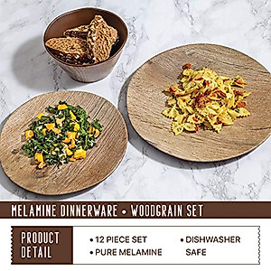 Melamine Dinnerware Sets - 12 pcs Melamine Plates Outdoor Plates Summer Plates and Bowls Sets Melamine Plates Ideal Camping Dish Set Dinnerware Set for 4 Dishwasher Safe (Wood Grain)